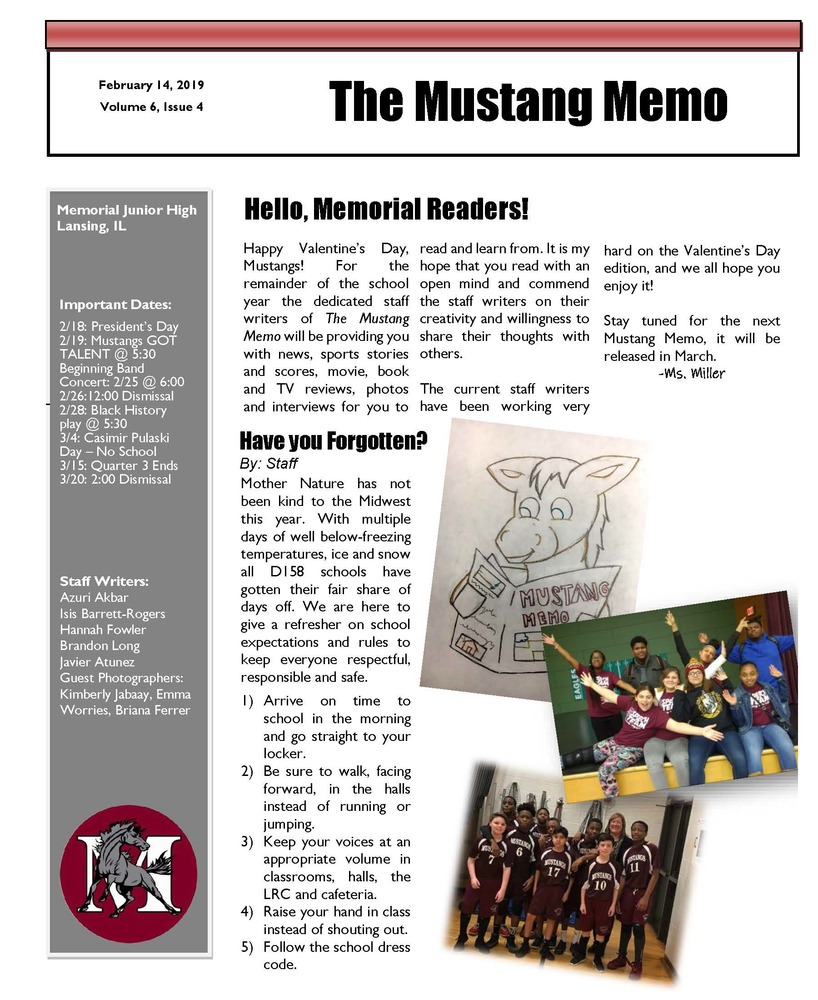 The Mustang Memo - February 2019 | Memorial Junior High School